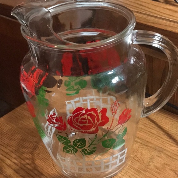 Dining | Vintage Glass Pitcher With Red Roses | Poshmark